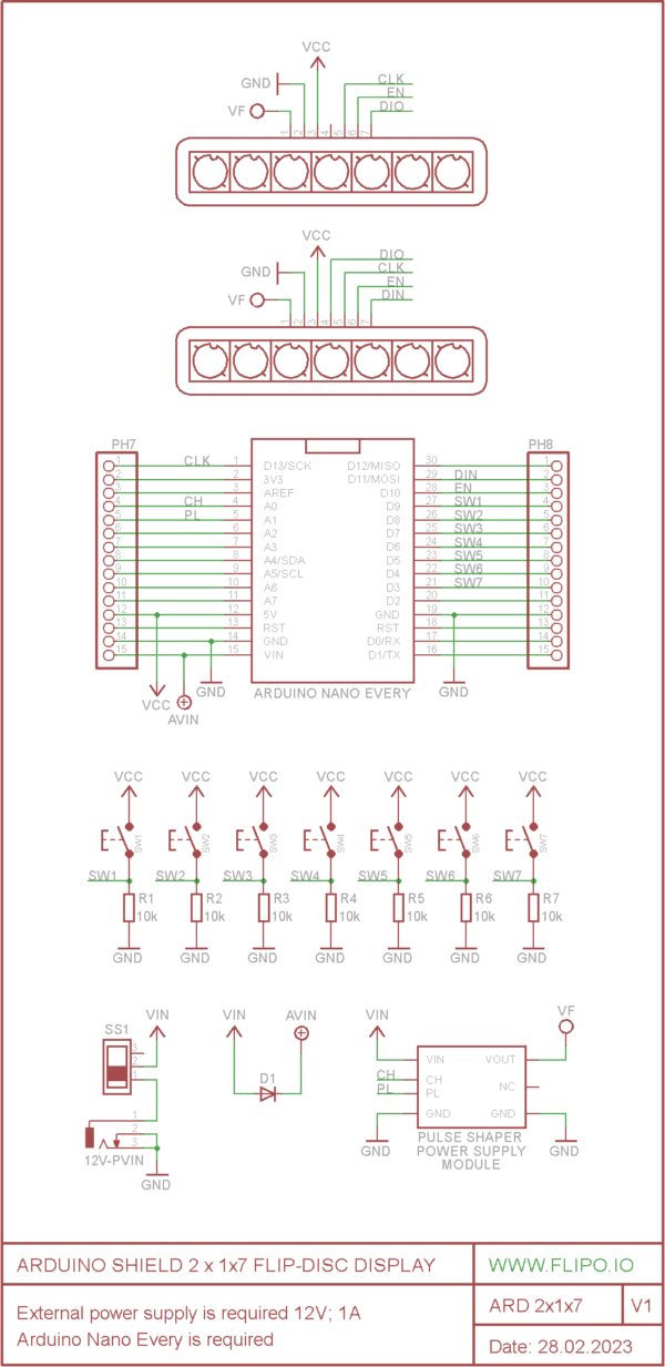 Arduino Shield – 1×7 Flip-disc Display – Flipo